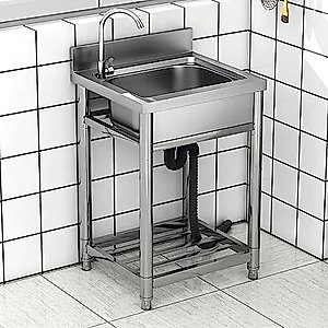 Commercial Stainless Steel Sink,single Bowl Kitchen Sink With Cold And Hot Water Faucets,Outdoor Sink Station With Storage Shelve for Farmhouse, Bathroom, Bar, Laundry Room (21 Inch)