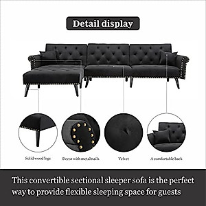 LCH Velvet Convertible Sleeper Sectional Sofa Bed,Reversible L Shaped Button Tufted Couch Furniture Set with Chaise Lounge 2 Pillows for Living Room, Black