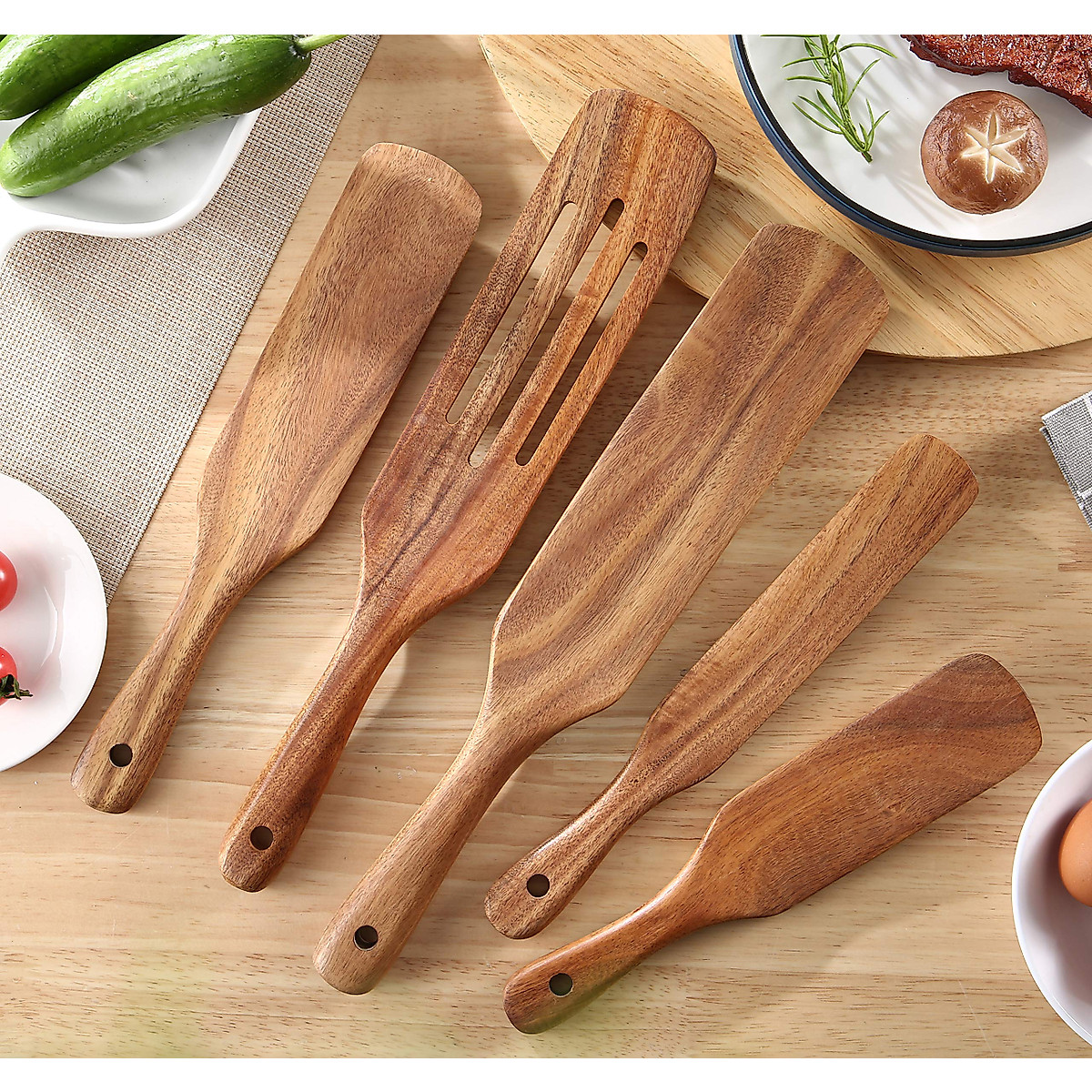 Wooden Spurtle Kitchen Utensils,QWKIT 5Pcs Premium Natural Teak Wood Slotted Spurtle Spatulas Spoons Set for Nonstick Cookware Kitchen Cooking Heat Resistant Non Stick (5)
