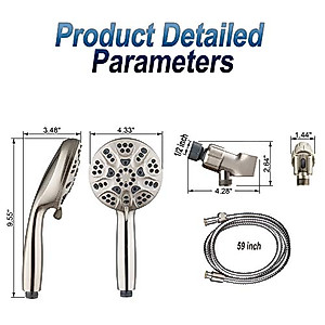 Egretshower Handheld Shower Head High Pressure 6-Setting Spray Detachable 4.3" Hand Held Rain Showerhead with long Stainless Steel Hose and Adjustable Bracket - Brushed Nickel