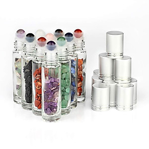 Natural Gemstones 10ML Essential Oil Roller Bottles Clear Glass Roll-on Bottles Gemstone Perfume Sample Vials with Crystal Stone Roller Balls & Healing Crystal Chips Inside 10PACK