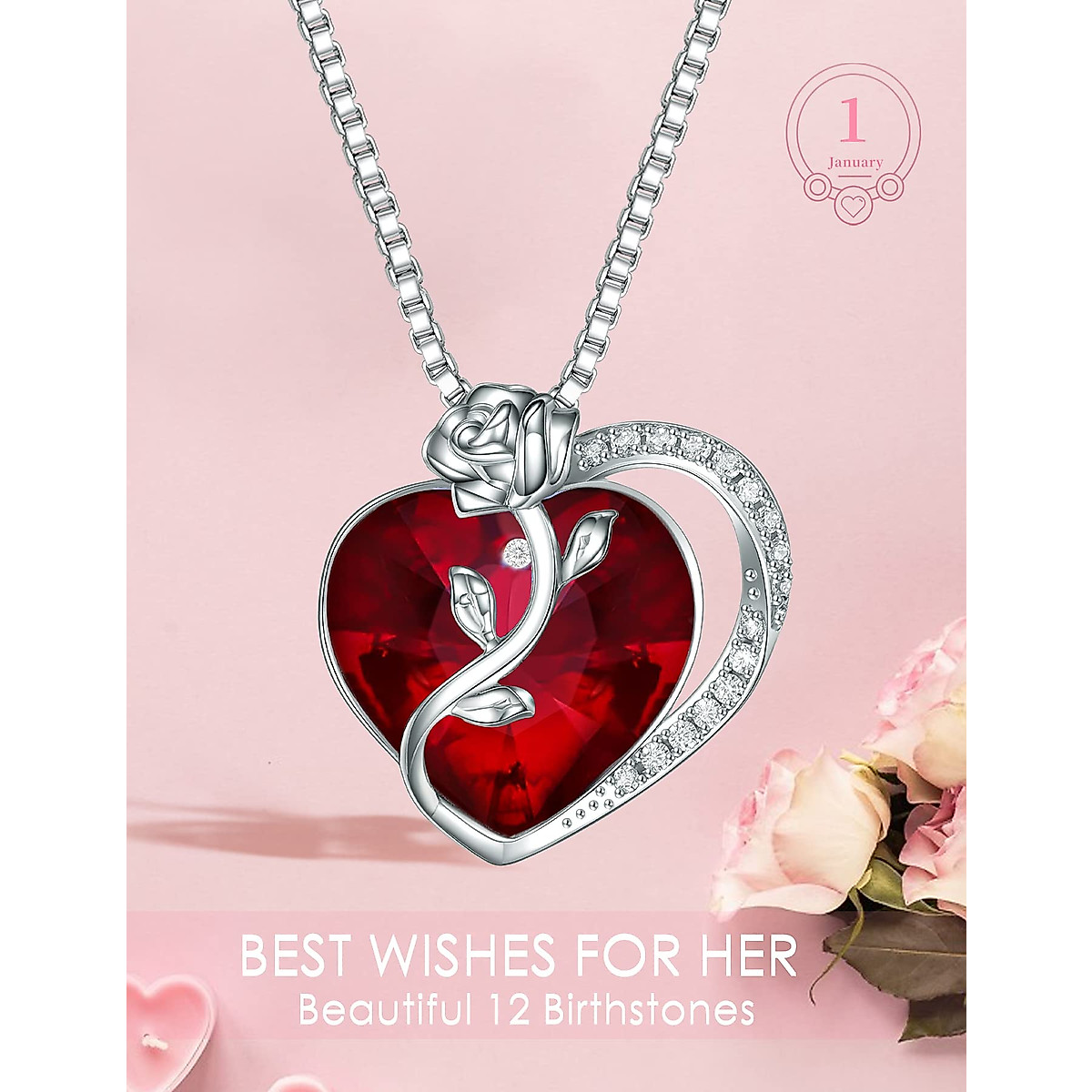 SILVERKITY 925 Sterling Silver Rose Flower Heart Birthstones Necklace for Women with Austria Crystal, Pendants Gifts, Anniversary Birthday Jewelry Gift for Wife Mom Daily Wear