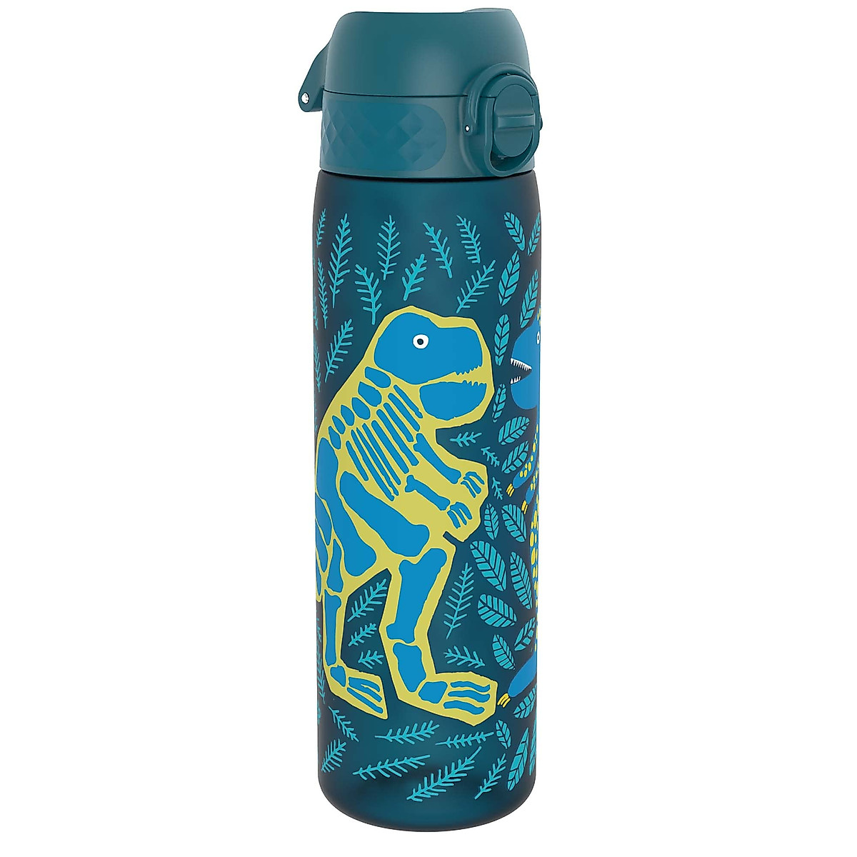 ION8 Water Bottle, 500 ml/18 oz, Leak Proof, Easy to Open, Secure Lock, Dishwasher Safe, BPA Free, Hygienic Flip Cover, Carry Handle, Easy Clean, Odor Free, Carbon Neutral, Deep Teal, Dinosaurs Design