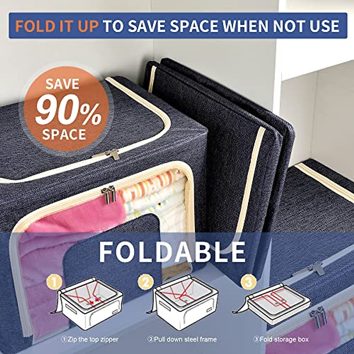 Furnhome 6 Pack Sturdy Clothes Storage Bins Organizer Containers, Stackable Storage Bins-Foldable Steel Frame Storage Box for Clothing Storage with Clear Window & Reinforced Handles