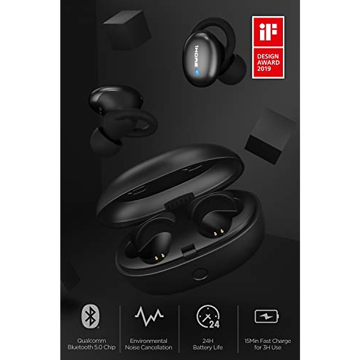 1MORE Stylish True Wireless in-Ear Headphones with Microphone, Black, E1026BT-I-BLACK