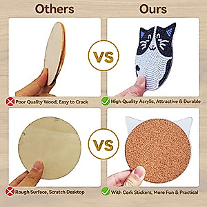 Vcekract Diamond Painting Coasters Kits, 6 Pieces Cat Diamond Painting Coasters with Holder, DIY Diamond Art Coasters with Stickable Cork Bases, Diamond Art Kits for Adults & Kids