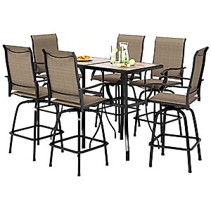 PHI VILLA Outdoor Bar Set for 6, Patio Bar Table and Chairs Furniture with Outdoor Swivel Bar Stools Table Set, Bar Height Patio Dining Set for Yard and Garden