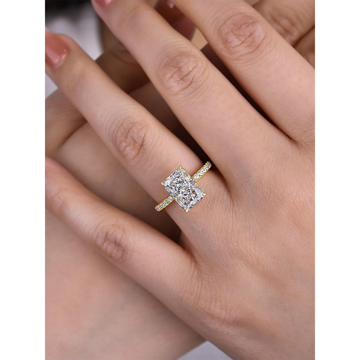 Effinny 3.5ct Radiant Cut Engagement Ring for Women,Yellow Gold Plated Sterling Silver Simulated Diamond White Sapphire Promise Ring(Size:7)