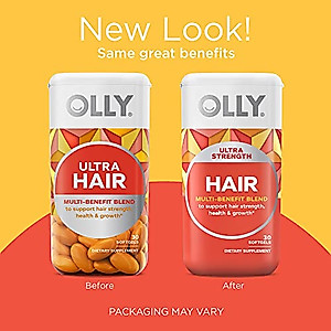 OLLY Ultra Strength Hair Softgels, Supports Hair Strength, Health and Growth, Biotin, Keratin, Vitamin D, B12, Hair Supplement, 30 Day Supply - 30 Count (Packaging May Vary)