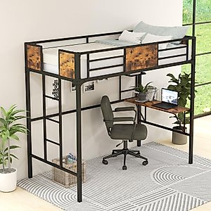 Giantex Metal Twin Loft Bed with Desk and Storage Shelf, Heavy Duty Loft Bed Frame with Build-in Ladder & Safety Guardrail, Space-Saving Twin Size Loft Bed for Teenager and Adult, Black