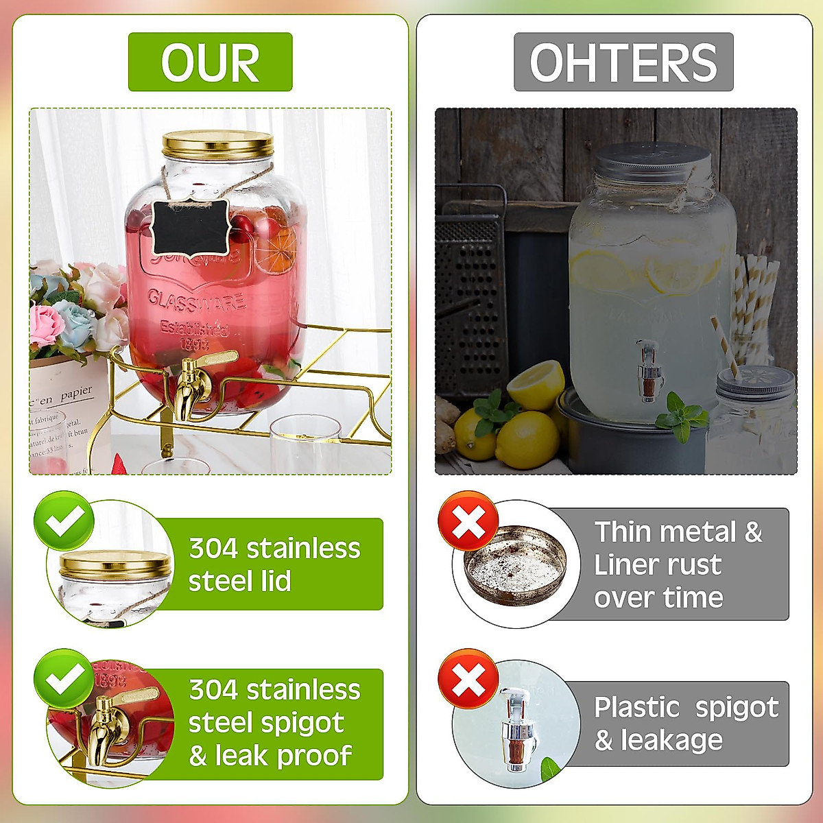 Lallisa 2 Pcs 2 Gallon Glass Drink Dispenser with Stand Ice Cylinder Hanging Chalkboard Signs 18/8 Stainless Steel Spigot Beverage Dispensers for Parties Mason Jar Drink Lemonade (Gold)