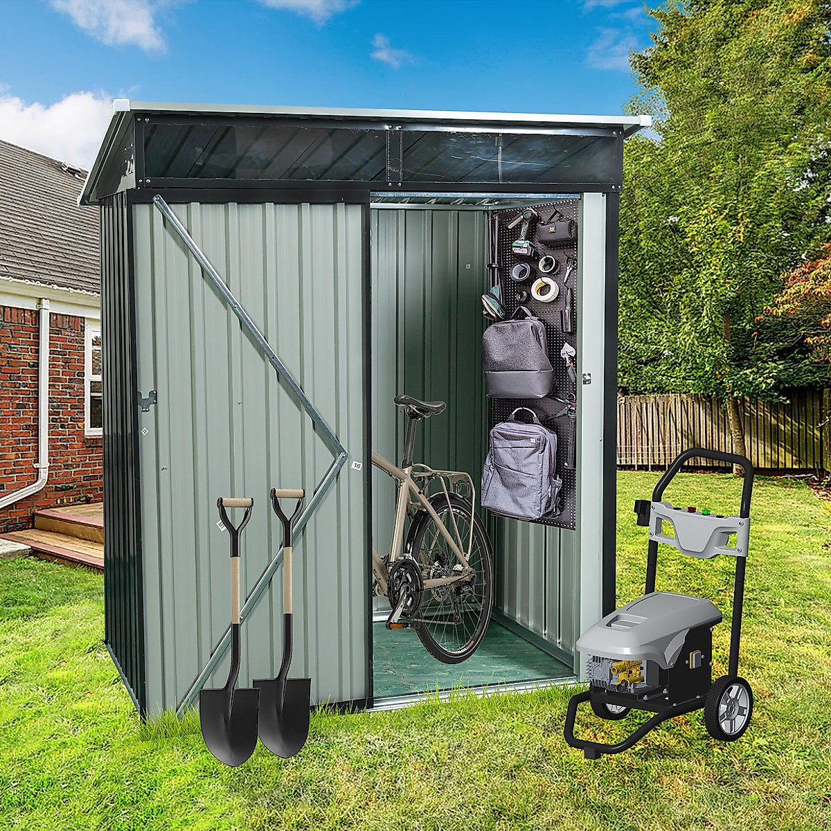 Metal Outdoor Storage Shed 5FT x 3FT, Iron Utility Tool Shed Storage House with Door & Lock & Transparent Plate for Backyard Garden Patio Lawn, Black