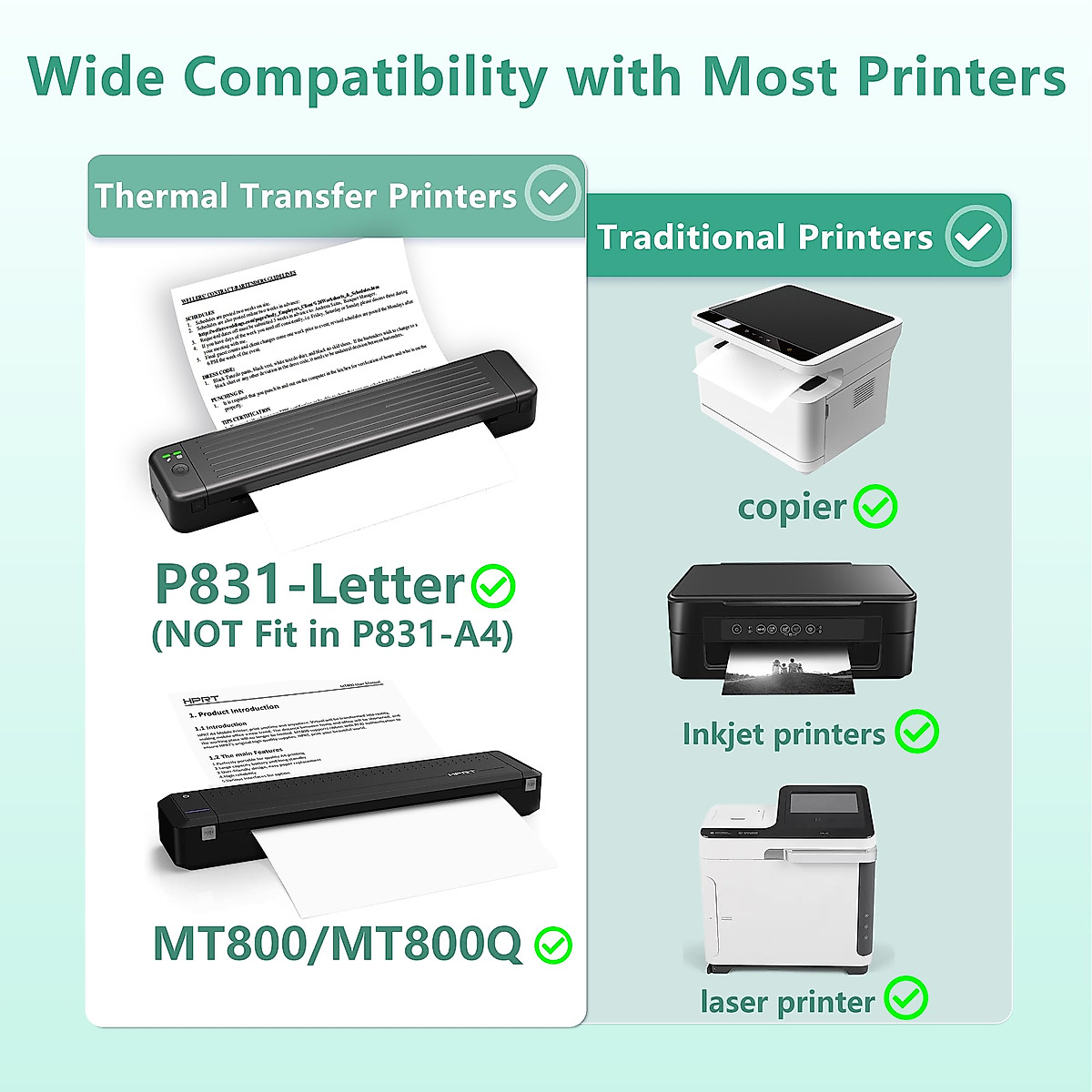Itari P831 Portable Printers Wireless for Travel, Bluetooth Thermal Transfer Printer, Compact Inkless Printer with 200 Sheets 8.5x11 US Letter Copy Paper…