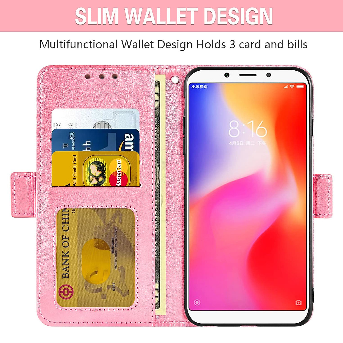 Asuwish Compatible with Xiaomi Redmi 6/6A Wallet Case and Tempered Glass Screen Protector Credit Card Holder Flip Purse Accessories Wrist Strap Cell Phone Cover for Redmi6 Redmi6A Women Men Rose Gold