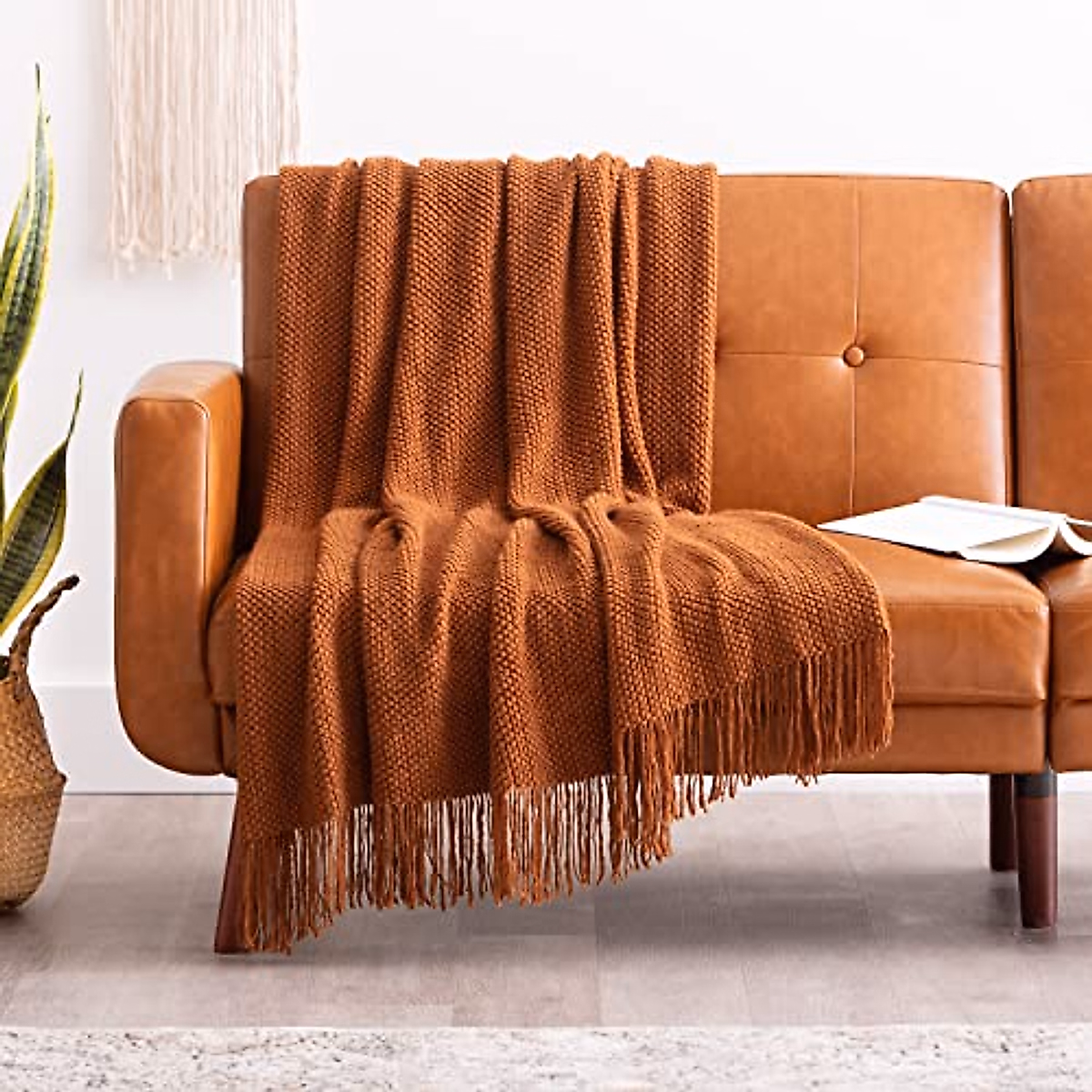 Chanasya Textured Knitted Rust Brown Throw Blanket with Tassels - Soft Bohemian Farmhouse Chic Accent Throws - Decorative for Sofa Couch Bed Living Room Camel Brown (50x65 Inch) Boho Cashew Blanket