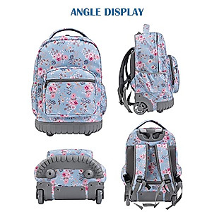 SKYMOVE 18 inches Wheeled Rolling Backpack Multi-Compartment Elementary Books Laptop Roller Bag Short Trip Carry-on for Women and Girls, Light Blue Flowers