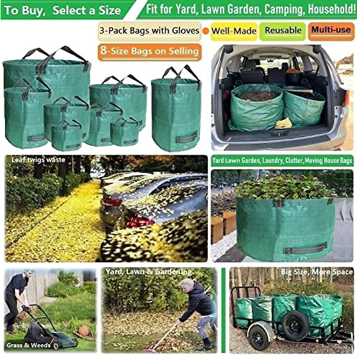 Professional 3-Pack 63 Gallons Lawn Garden Bags (D31, H19 inches) Reusable Yard Waste Bag with Gardening Gloves - Patio Standable Bag,Leaf Bag,Trash Containers,Plant Clippings Bag with 4 Handles
