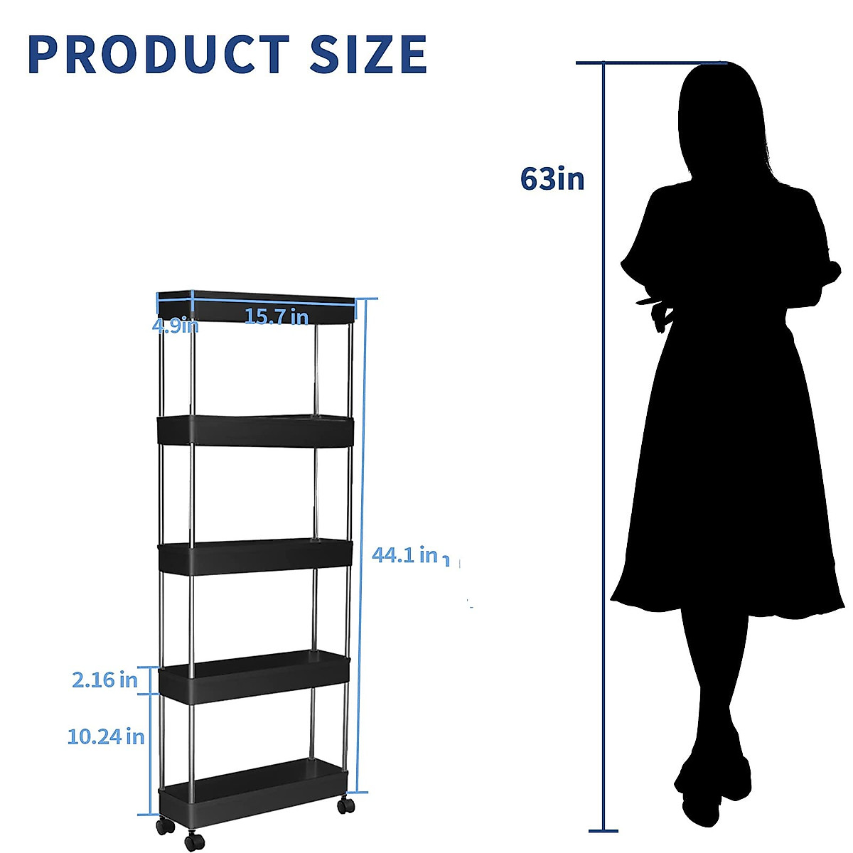 mupera Slim Storage Cart - Upgraded 5 Tier Rolling Utility Cart with Wheels Organizer for Kitchen Bathroom Laundry Narrow Places, Tower Rack Shelf Trolley Cart w/ 8 Side Hooks, Black