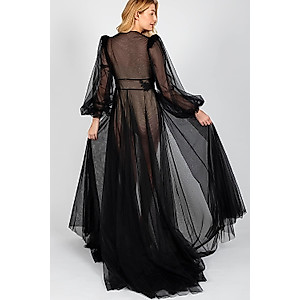 HHQ Bridal Tulle Robe Long White Lace Wedding Nightgowns Women Bride Getting Ready Robe Boudoir Shoot Sheer Dress(Black,L)