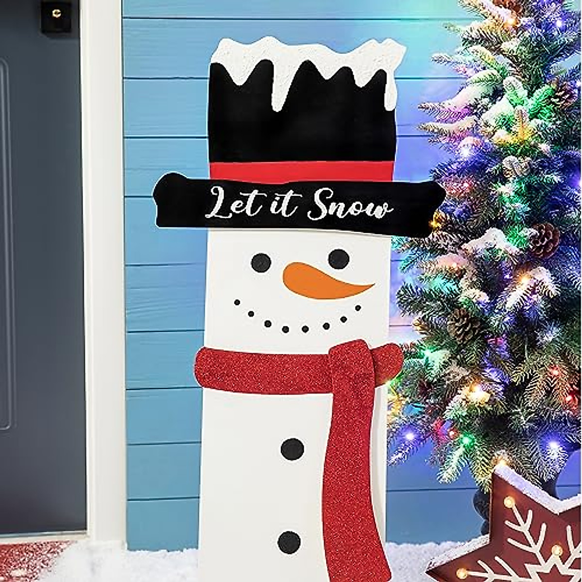 Glitzhome Metal Glittered Christmas Snowman Porch Décor Let It Snow Hanging Sign/Standing Porch Sign Merry Christmas Welcome Sign Holiday Party Outdoor Indoor Xmas Wall Display, 36”H