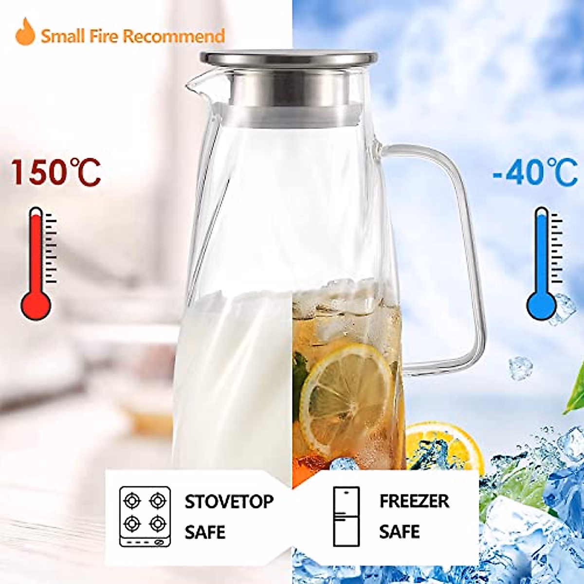 Vzaahu Glass Pitcher with Lid and Handle - Iced Water Carafe - [57 ounces,1.7 L] Lead-free Borosilicate Glass Beverage Jug - Sun Tea Pot Lemonade Milk Dispenser for Fridge Teapot Coffee Juice