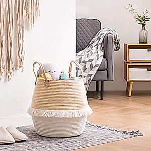 YOUDENOVA Small Laundry Hamper with Handles, Cotton Rope Woven Laundry Basket for Magazine, Clothes, Toys, Blankets, Decorative Cute Tassel Nursery Decor