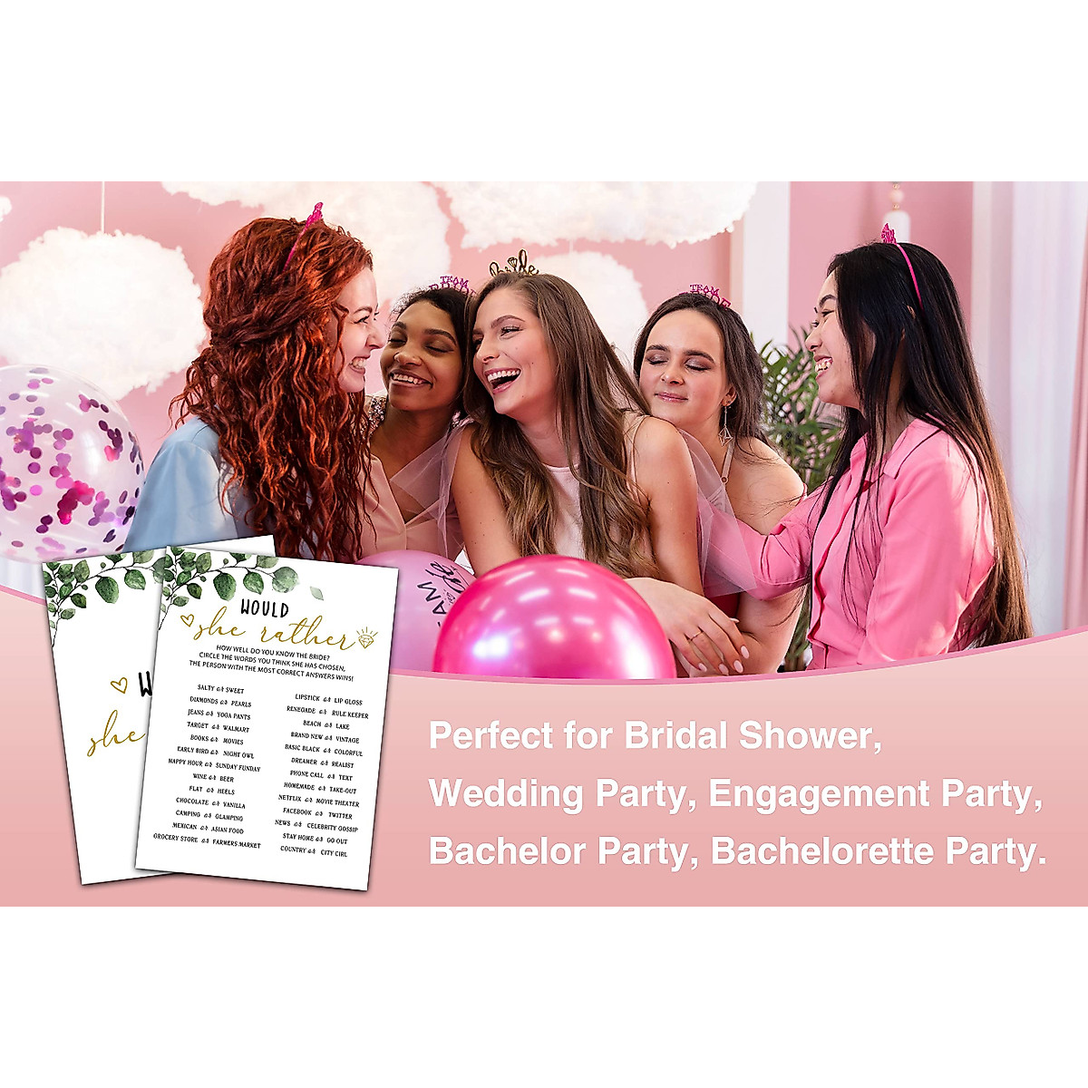 Bridal Shower Games - Greenery Engagement Party Game Cards For Wedding, Bachelorette Party - Bridal Shower Decorations - Would She Rather - 30 Cards(003)