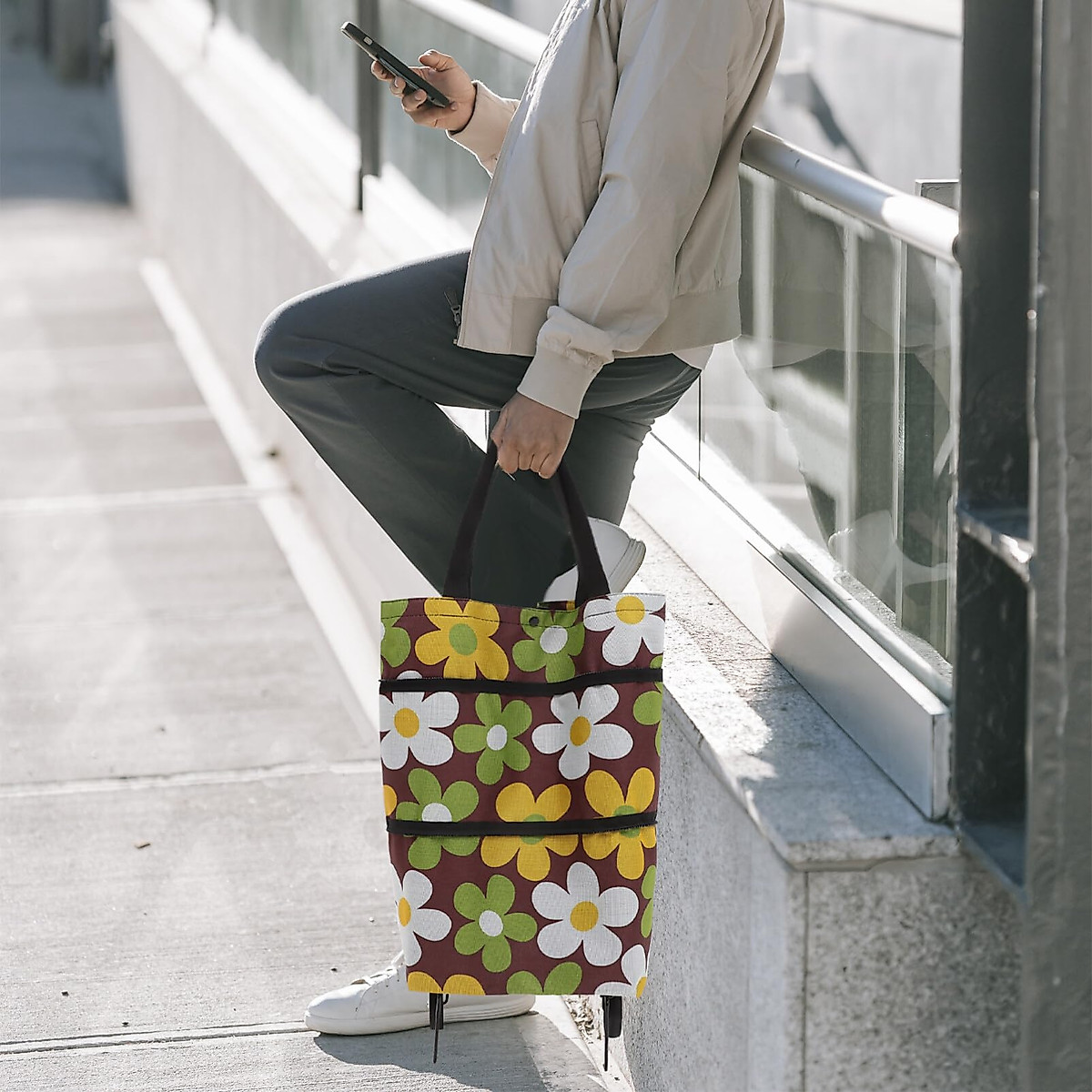 Tofficu Foldable Shopping Cart Trolley Folding Shopping Bag Portable Sunflower Pattern Bag with Wheels Collapsible Food Bag for Shopping Travel