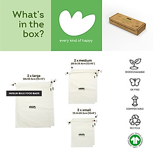 EKOH Organic Cotton Reusable Produce Bags - Set of 6 Drawstring Bags 3 Sizes -Shopping and Storing Fruit, Vegetables, Bread, Herbs, Nuts Fabric Bags - Eco Washable Bag (Organic Cotton Muslin 6 Pack)