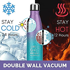 Unicorn Stainless Steel Water Bottle, Unicorn Gifts, Unicorn Party Supplies, Double Wall Vacuum Insulated Thermo Bottle Glitter Purple 17oz/500ml - Initial C