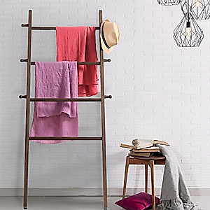 MyGift 5 Ft Tall Dark Brown Solid Wood Wall Leaning Blanket Ladder, Farmhouse Bathroom Towel Rack 4 Rungs and 6 Pegged Hooks
