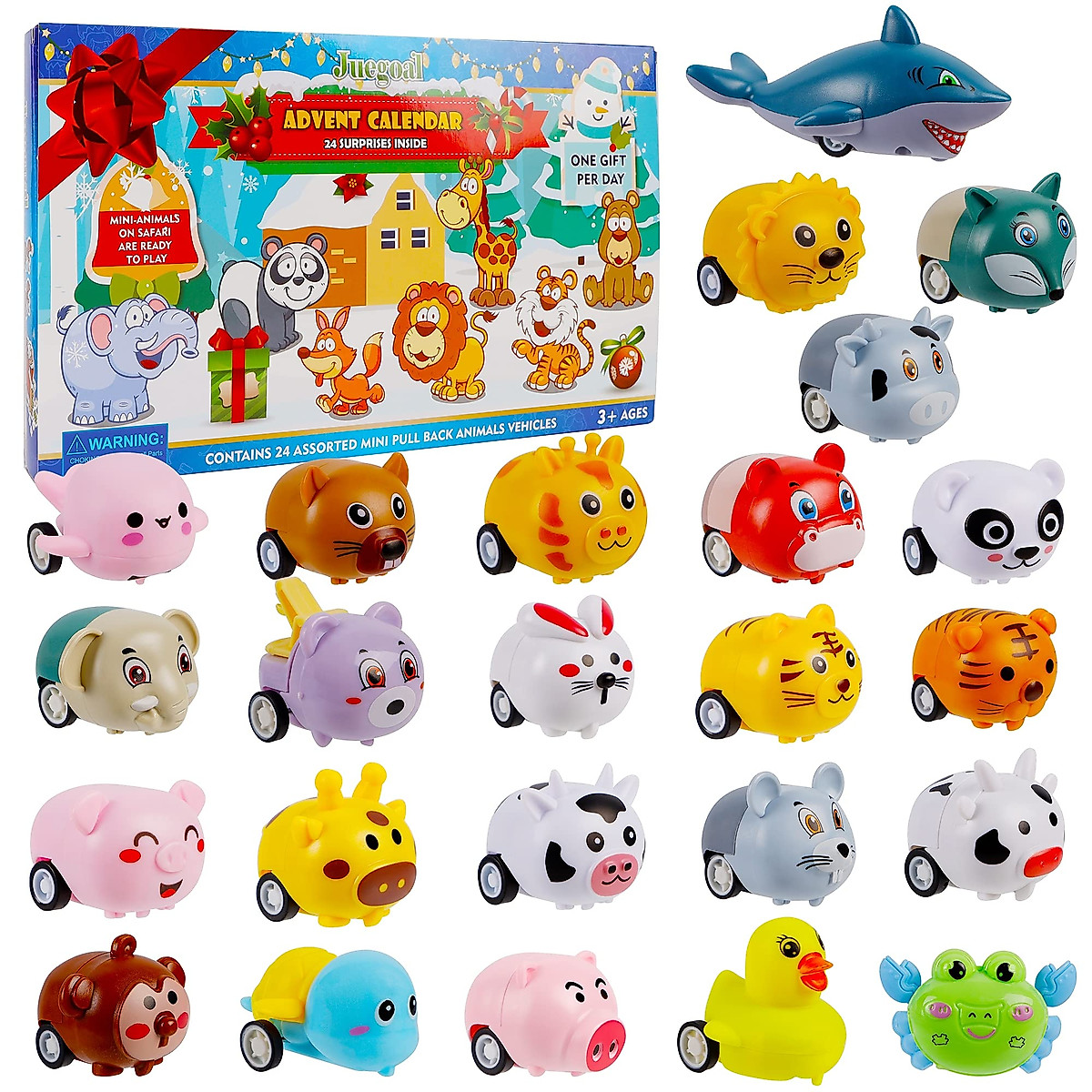Juegoal Cars Advent Calendar 2023 for Kids, Animal Stocking Stuffer Toy Cars with 24 Different Pull Back Animals Vehicles Surprise Every Day, Race Cars Perfect for Toddler, Boys and Girls
