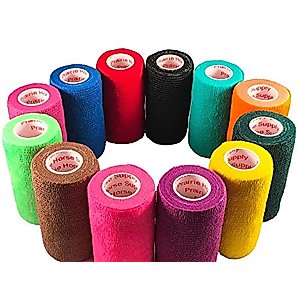 4 Inch Vet Cohesive Bandage Wrap Tape Bulk (Assorted Colors) (Pack of 24) Self Adhesive Adherent Adhering Flex Bandage Grip Roll for Dog Cat Pet Horse
