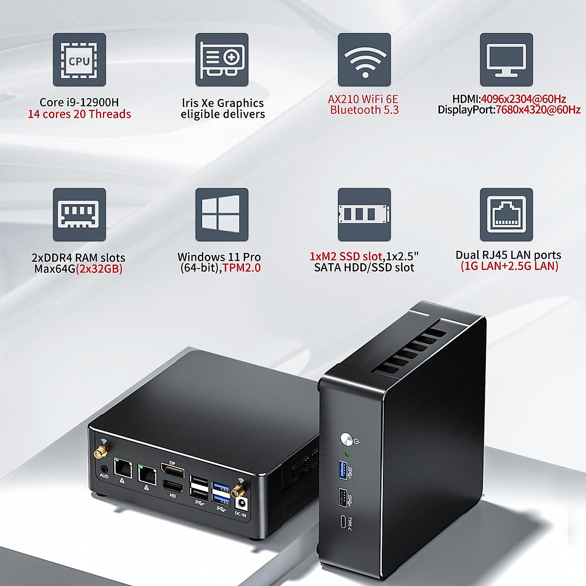 Kinupute Mini PC i9, Desktop Computer with Core i9-12900H, 14 Cores Upto 5.0GHz, Windows 11 Pro, 64G DDR4, 2T M.2 PCIE4.0 SSD, DP/HDMI/USB-C Triple Display, Support 8K/4K@60Hz, Dual LAN, WiFi6E/BT5.3