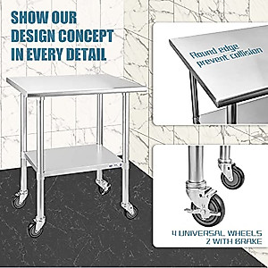 Hally Stainless Steel Table for Prep & Work 24 x 30 Inches with Caster Wheels, NSF Commercial Heavy Duty Table with Undershelf and Galvanized Legs for Restaurant, Home and Hotel