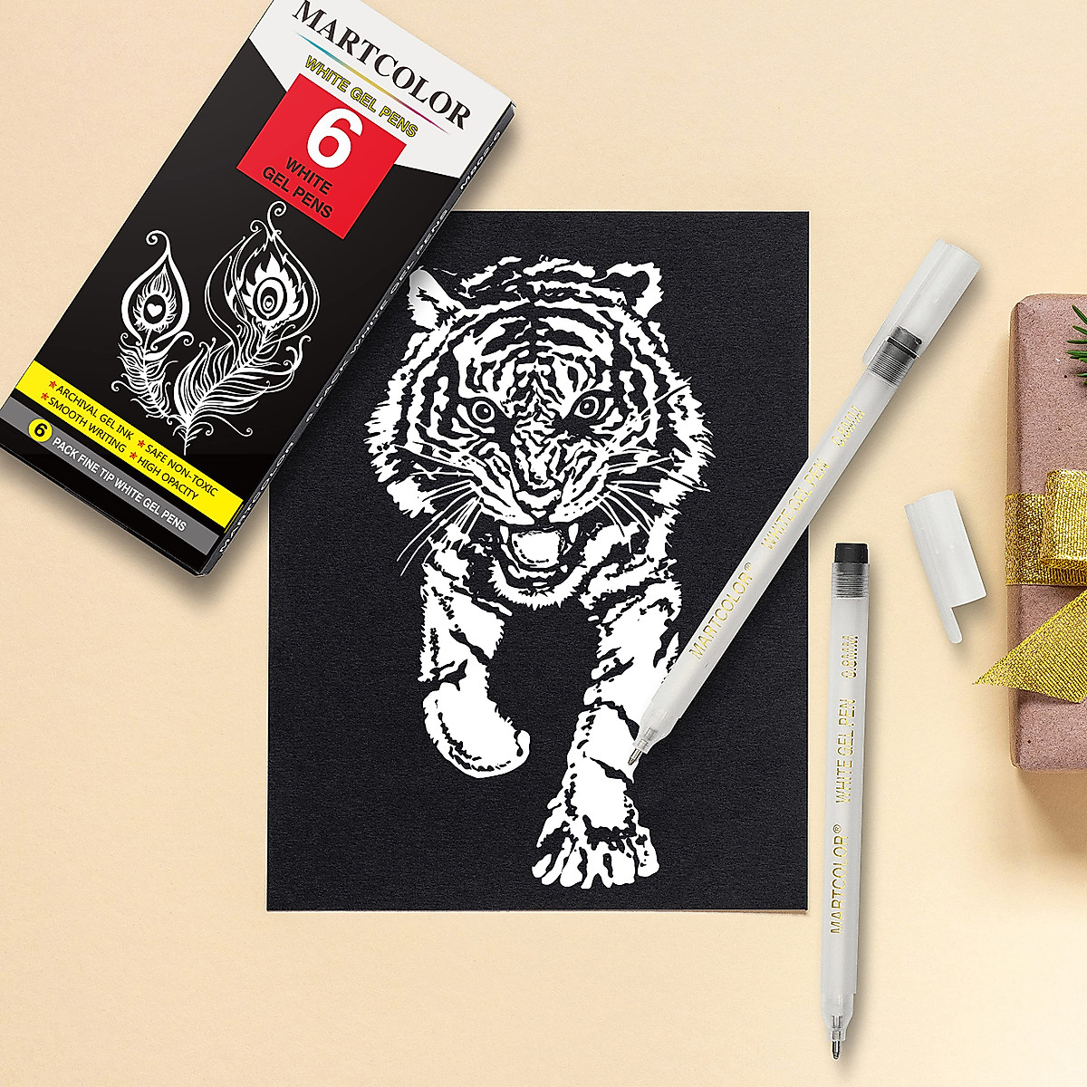 MARTCOLOR White Gel Pens Set, 6 Pack, 0.8mm Fine Point Pens Gel Ink Pens For Artists, Archival Ink Pens, White highlight Pens for Black Paper Drawing, Illustration, Sketching, Writing