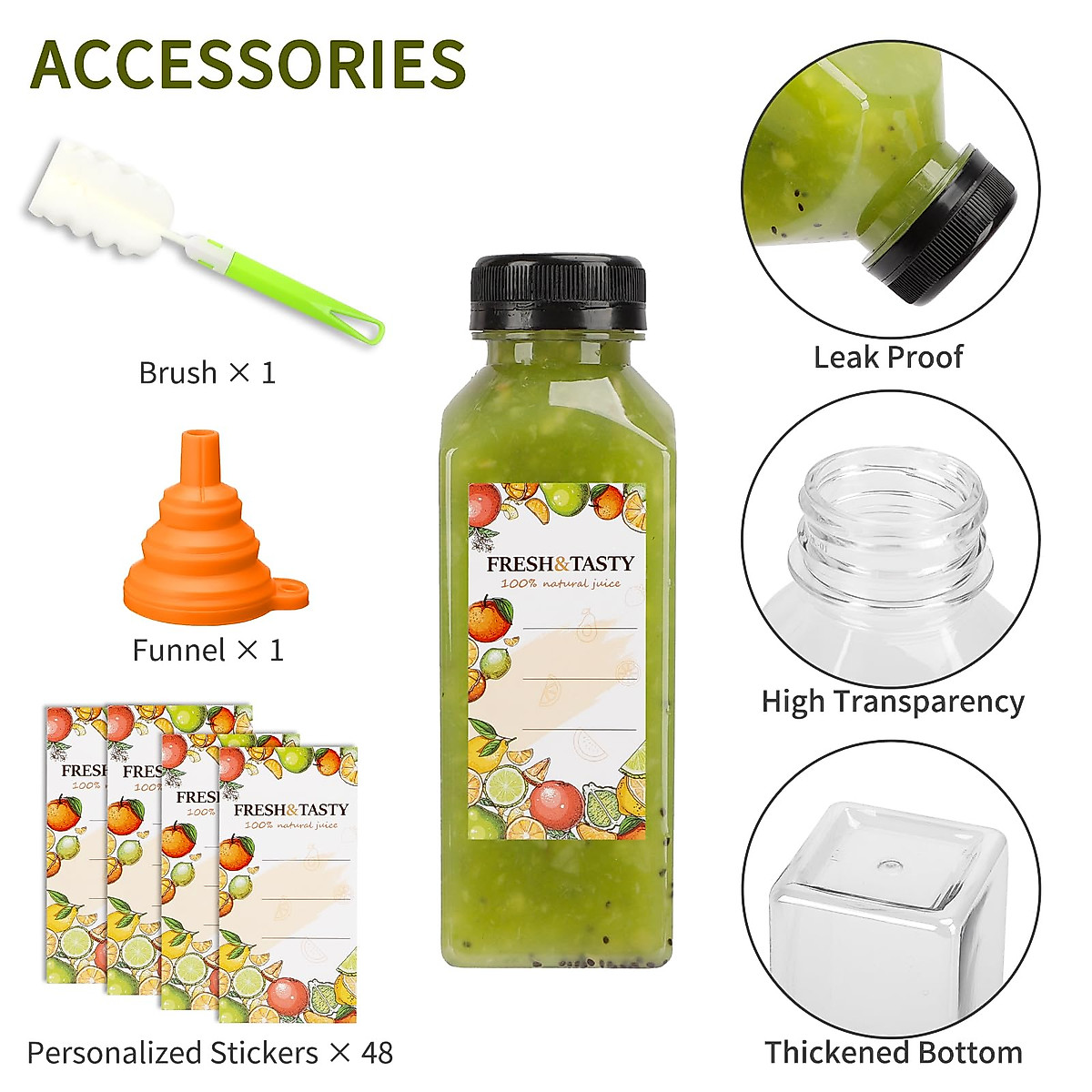 TOMNK 45pcs Juice Bottles, 12oz Reusable Juice Bottles with Caps and Labels, Funnel, Brush Beverage Containers for Juicing, Smoothies, Tea, Milk