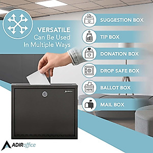 Adir Metal Suggestion Box with Lock and Slot, Wall Mount Deposit Box for Payments and Checks, Office Mail Box for Employees, Mailbox for House, Safe Drop Box with Keys - 3x10x12 Inch Black