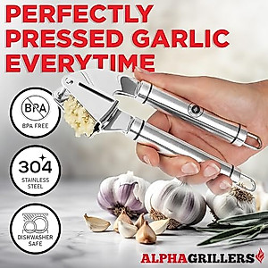 Alpha Grillers Garlic Press Stainless Steel - Premium Garlic Mincer with Silicone Garlic Peeler - Easy Squeeze Garlic Crusher, Grater and Grinder - Dishwasher Safe Easy Clean Kitchen Gadget