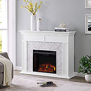SEI Furniture Torlington Tiled Electric Fireplace, White, Gray Marble, 15" D x 50" W x 39" H