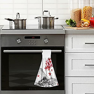 2 Pack Fall Red Maple Leaves Hanging Kitchen Towel with Loop Ink Japanese Mountains Hand Towels Soft Microfiber Coral Velvet Dish Towel for Bathroom Washcloth Absorbent Tie Towel …