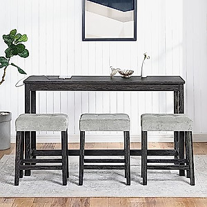 Merax 4 Piece Bar Table Set with Power Outlet,Dining Bar Table and Chairs Set,Industrial Breakfast Table with 3 Padded Stools,for Living Room, Dining Room, Game Room(Black+ Gray)
