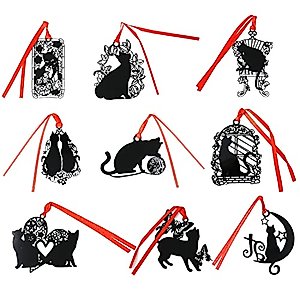 yueton Pack of 9 Creative Black Cat Metal Bookmark with Red Strap