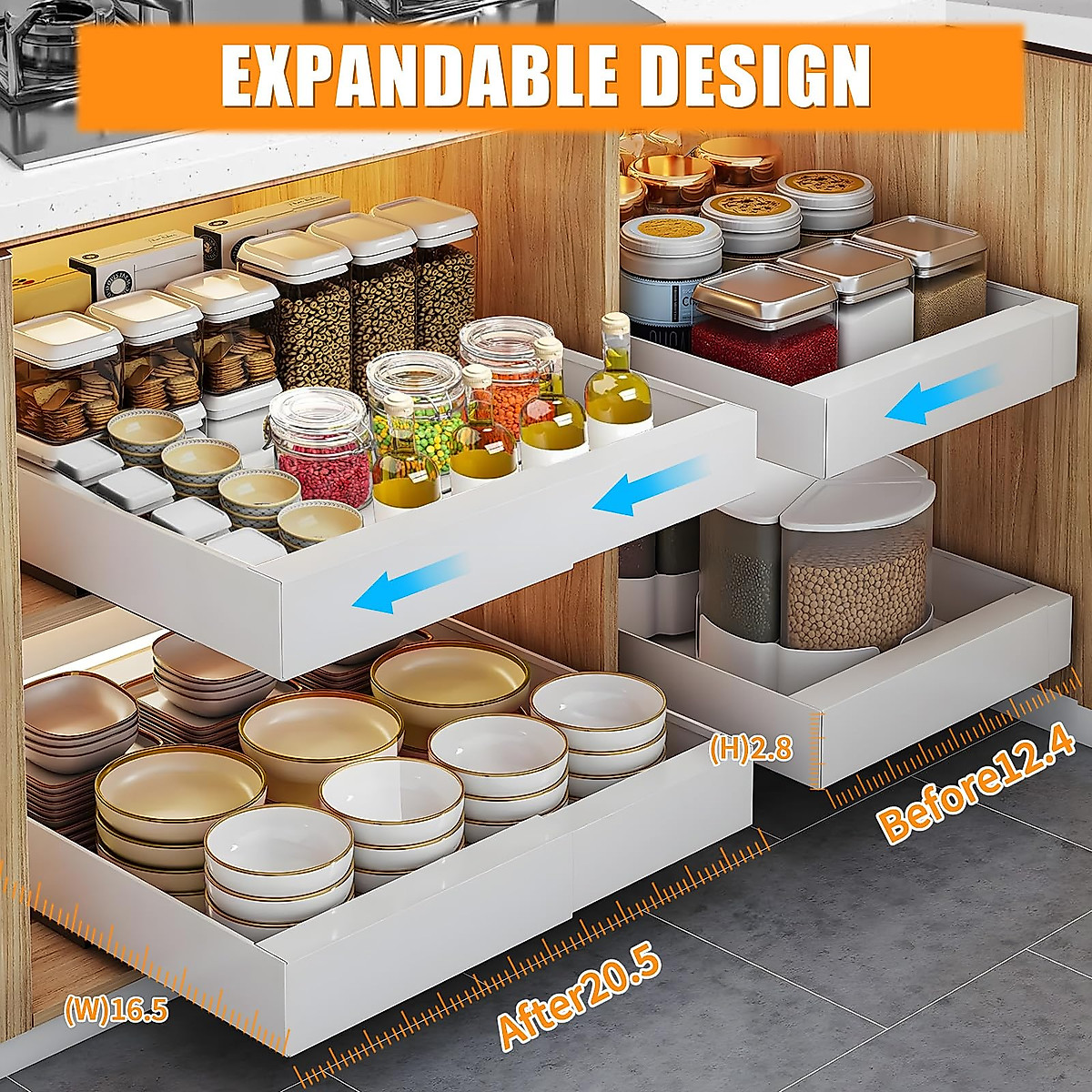 Pull Out Cabinet Organizer, Expandable(12.4"-20.5") Pull Out Drawers for Cabinets Slide Out Drawers for Kitchen Cabinets with Adhesive Nano Film Mounting Adjustable for Kitchen, Pantry (White)