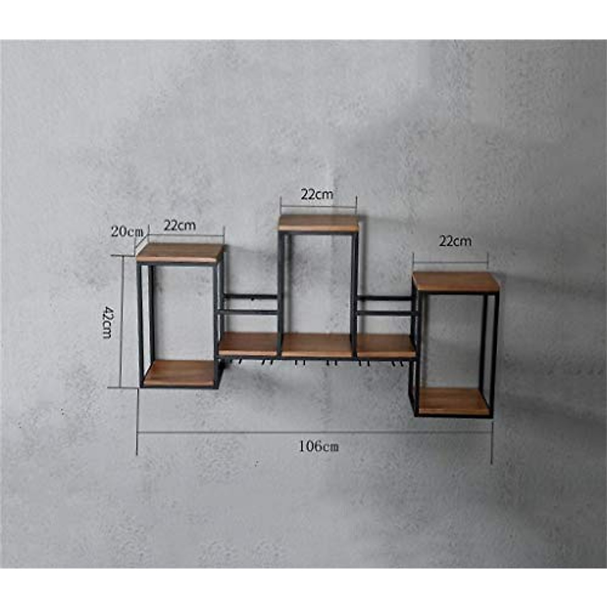 PIBM Stylish Simplicity Wall-Mounted Shelf Wrought Iron Wooden Ledge Living Room Bedroom for Bookshelf Storage Display Wine Glass Rack Floating Decorative Unit Frame Retro Creative Style