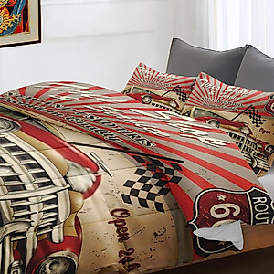 Pinbeam Comforter Set Queen Size, Tire Retro Vintage Car Soft Bedding Set for Kids and Adults, Vehicle Automotive Garage Comforter Set with 2 Pillowcases for Bedroom Bed Decor