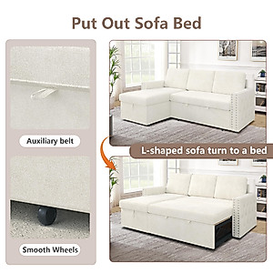 HUMEHA Reversible Sleeper Sectional Sofa, Tufted Chenille L-Shaped Couch with Storage and Pull Out Bed, Convertible Sectional Sleeper Sofa with Nailhead Trims for Apartment Living Room, Beige