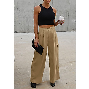 Dokotoo Cargo Pants Women High Waisted Baggy Business Casual Work Petite Pants Wide Leg Dress Pants 4 Pockets Trouser Khaki Plaid Loose 2024 Fall Fashion Clothing