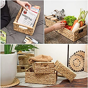 Wicker Baskets for Storage Organizing, Water Hyacinth Storage Baskets Rectangular with Wooden Handles for Shelves, Natural Wicker Storage Basket Bins - Set of Wicker Baskets for Organizing with Handle