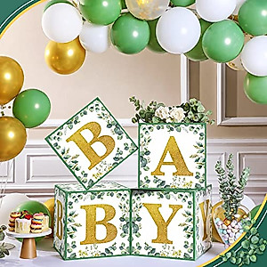 4 Pieces Sage Green Baby Boxes Decoration Baby Shower Backdrop Blocks Gender Reveal Photo Props Greenery Eucalyptus Leaves Gold White Baby Shower Favors Decorations Baby Boxes with Letters for Decor